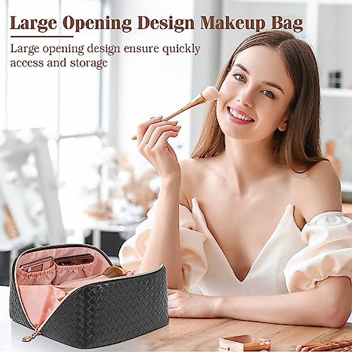 Travel Makeup Bag,Large Capacity Travel Cosmetic Bag for Women ,PU Leather Waterproof Travel Toiletry Bag with 2 PVC Brush Organizer,Portable Pouch Lay Flat Make Up Organizer Bag with Handle Divider