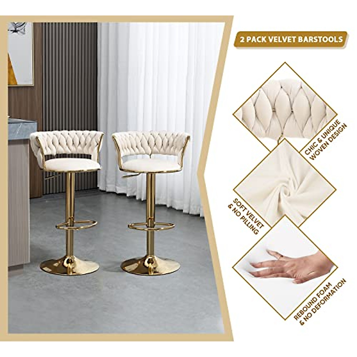 KINFFICT Velvet Swivel Bar Stools Set of 2, Adjustable Counter Height Bar Stool with Woven Back, Upholstered Kitchen Dining Chairs, Modern Barstools for Kitchen Island, Cafe, Pub, Bar Counter(Ivory)