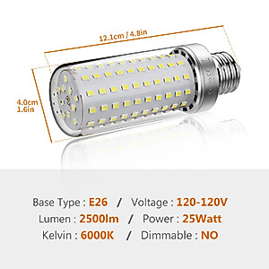 tebio LED E26 Corn Bulb 25W Middle Edison Screw LED Bulbs, 6000K Daylight White, 200W Incandescent Equivalent, Non-dimmable Light Bulb, 3-Pack