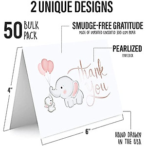 Baby Shower Thank You Cards with Envelopes for Girl. 50 Elephant Pink Thank You Cards Baby Shower with Envelopes for Baby Thank You Notes - Blank Inside Baby Shower Card Pack with Sealing Stickers…
