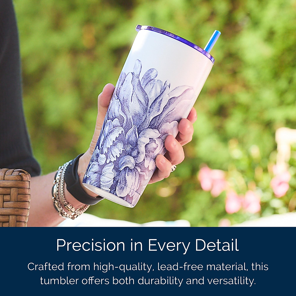 Caskata Peony Stainless Steel Insulated Tumbler | Floral Cup, Lid & Straw Set for Travel, Commuting, & School | Perfect for Birthday, Christmas & Holiday Gifts | Blue on White Color | 30 oz