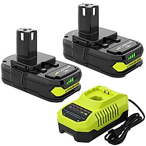 Upgraded 3600mAh Replacement for Ryobi 18V Battery (2-Pack) with Charger Combo Compatible with Ryobi 18V ONE+ Battery 3.6Ah P108 P102 P103 P104 P105 P107 P109 P122 Power Tools & Charger P117 P118