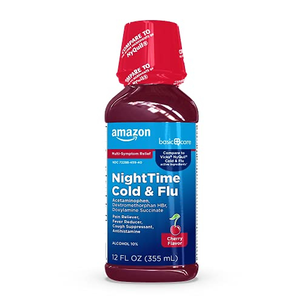 Amazon Basic Care Nighttime Cold & Flu Relief, Pain Reliever, Fever Reducer, Cough Suppressant, Antihistamine, Cherry Flavor, 12 Fluid Ounces