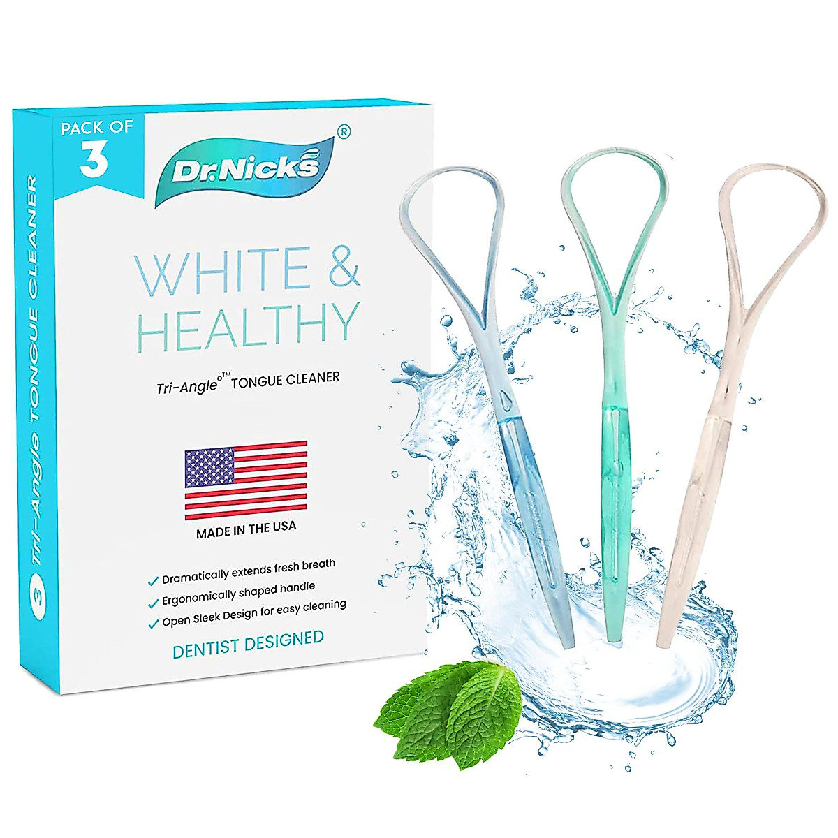 Dr. Nick’s White & Healthy Tongue Scraper (3 pack), Dentist Designed to Cure Bad Breath, Easy to Use Plastic Tounge Scraper Cleaner Maintains Oral Care for Adults (Green Blue & White)