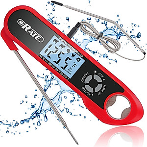 Digital Meat Thermometer for Oven, 5 Meat Temperature Settings 2-in-1 IP67 Waterproof 2s Instant Read Grill Cooking Food Thermometer with Dual Probe Magnet for Kitchen, Grill, BBQ, Turkey（Red）