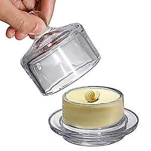 Dicunoy 2 Pack Glass Butter Dishes, Small Round Butter Keeper with Dome Lid and Handle, Clear Butter Serving Container with Cover, Round Crystal Mini Butter Cloche for Candy, Dessert, Parfait, Jam
