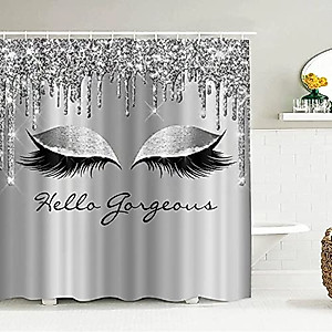 XVWJ Hello Gorgeous Eyelash Shower Curtain Set with Rugs Toilet Lid Cover and Bath Mat, Waterproof Fabric Bathroom Shower Curtains and Hooks, Stylish Silver Bathroom Decor Shower Curtains