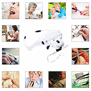 OrchidBest LED Illuminated Magnifying Glass Head-Worn Magnifying Eye Glasses Handsfree Reading Magnifier Jewelry Magnifying Loupe PCB Magnifier, Visor Glasses with 5 Lenses 1.0X,1.5X,2.0X,2.5X,3.5X