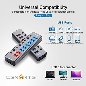 Cenmate Powered USB 3.0 Hub with SD/TF Card Reader, Aluminum USB 3.0 Splitter(6 USB 3.0 Ports+2 2.4A Charging Ports+TF/SD Reader), Individual On/Off Switches