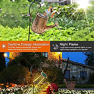 Solar Watering Can with Lights, Outdoor Decorative Garden Light Solar Fairy Lights, Waterproof Metal Retro Star Shower Art Hanging Waterfall Lights for Patio Lawn Yard (with Shepherd Hook)