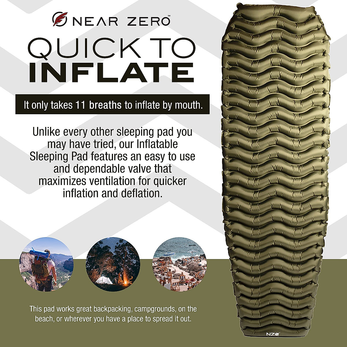 NEAR ZERO - Inflatable Sleeping Pad, Ultralight Camping Mattress, Portable Sleeping Pad for Camping, Hiking, Beach, Backpacking Trip and More, 14.5 oz, Green