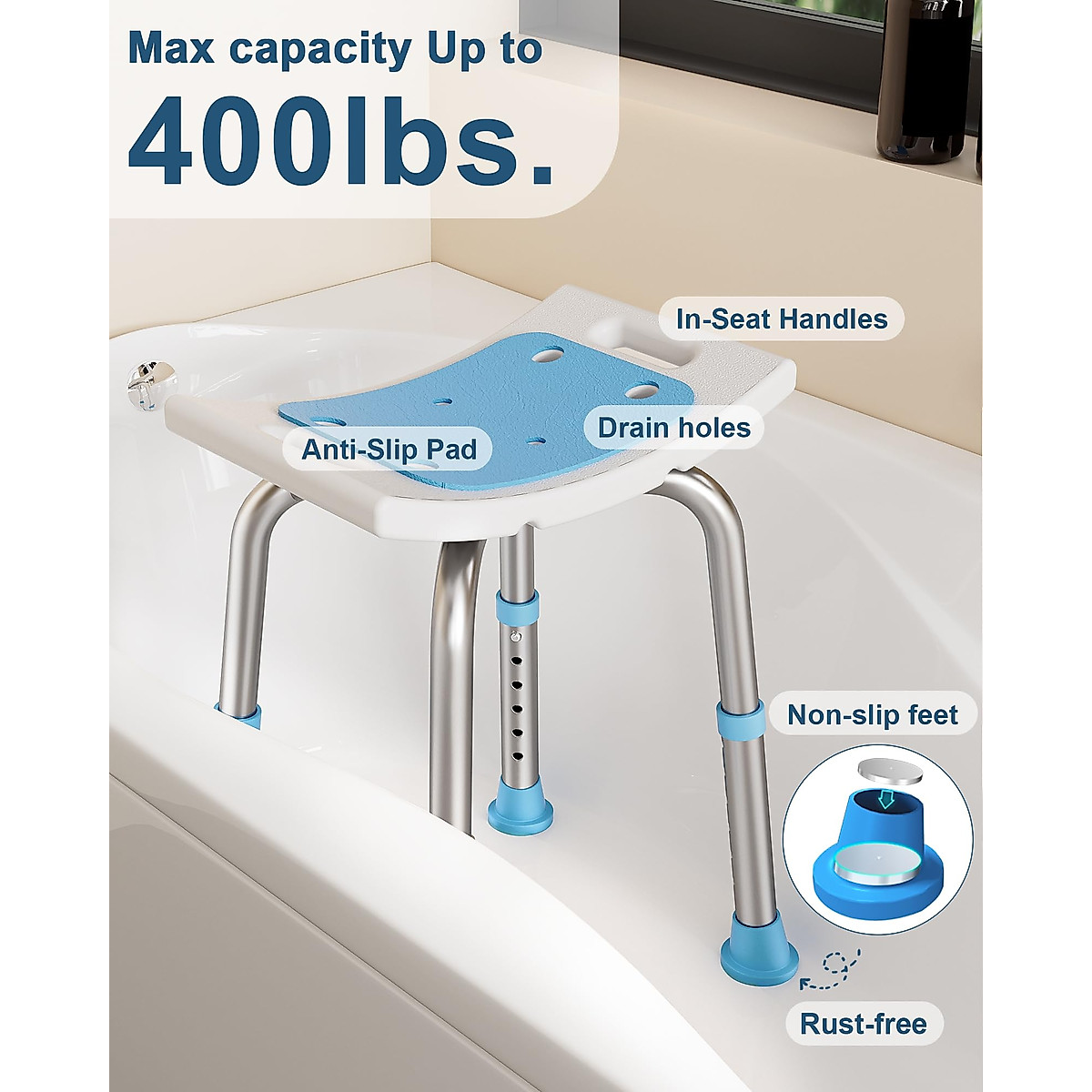 HOMLAND Shower Chair for Inside Shower, FSA/HSA Eligible 400 lbs Adjustable Shower Stool with Suction Feet, Shower Seat for Inside Tub Bathroom Bench Bath Chair for Elderly and Disabled
