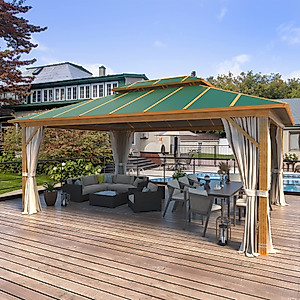 MELLCOM 12' x 16' Hardtop Gazebo, Wooden Grain Coated Aluminum Frame Outdoor Gazebo with Aluminum Double Roof, Claret Metal Gazebo with Curtains and Nettings for Patios, Gardens, Lawns