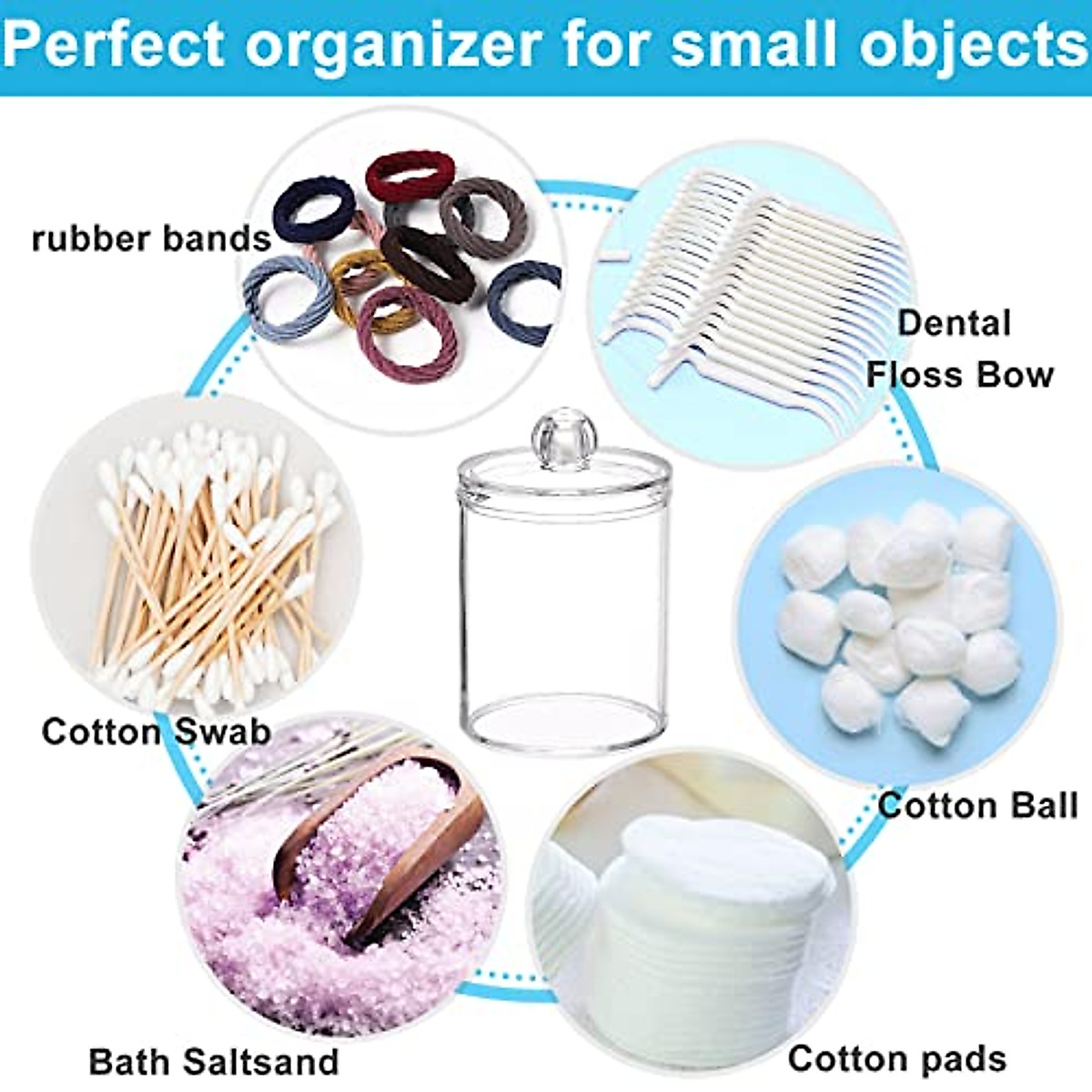 EOFJRUC 4 Pack Qtip Holder Dispenser for Cotton Ball, Cotton Swab, Cotton Round Pads, 10 OZ Clear Plastic Acrylic Apothecary Jar for Bathroom Canister Storage Organization, Vanity Makeup Organizer