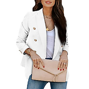 CRAZY GRID Womens Double Breasted Blazer Jackets Open Front Business Casual Suit Jacket Long Sleeve Dressy Blazer Lapel Gold Button Ladies Work Office Blazer White Medium