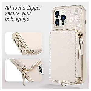 ZVE iPhone 13 ProMax Wallet Case with Wrist Strap, Zipper Phone Case with RFID Blocking Card Holder Leather Case Cover Women iPhone Accessories for iPhone 13 Pro Max 6.7"- Beige