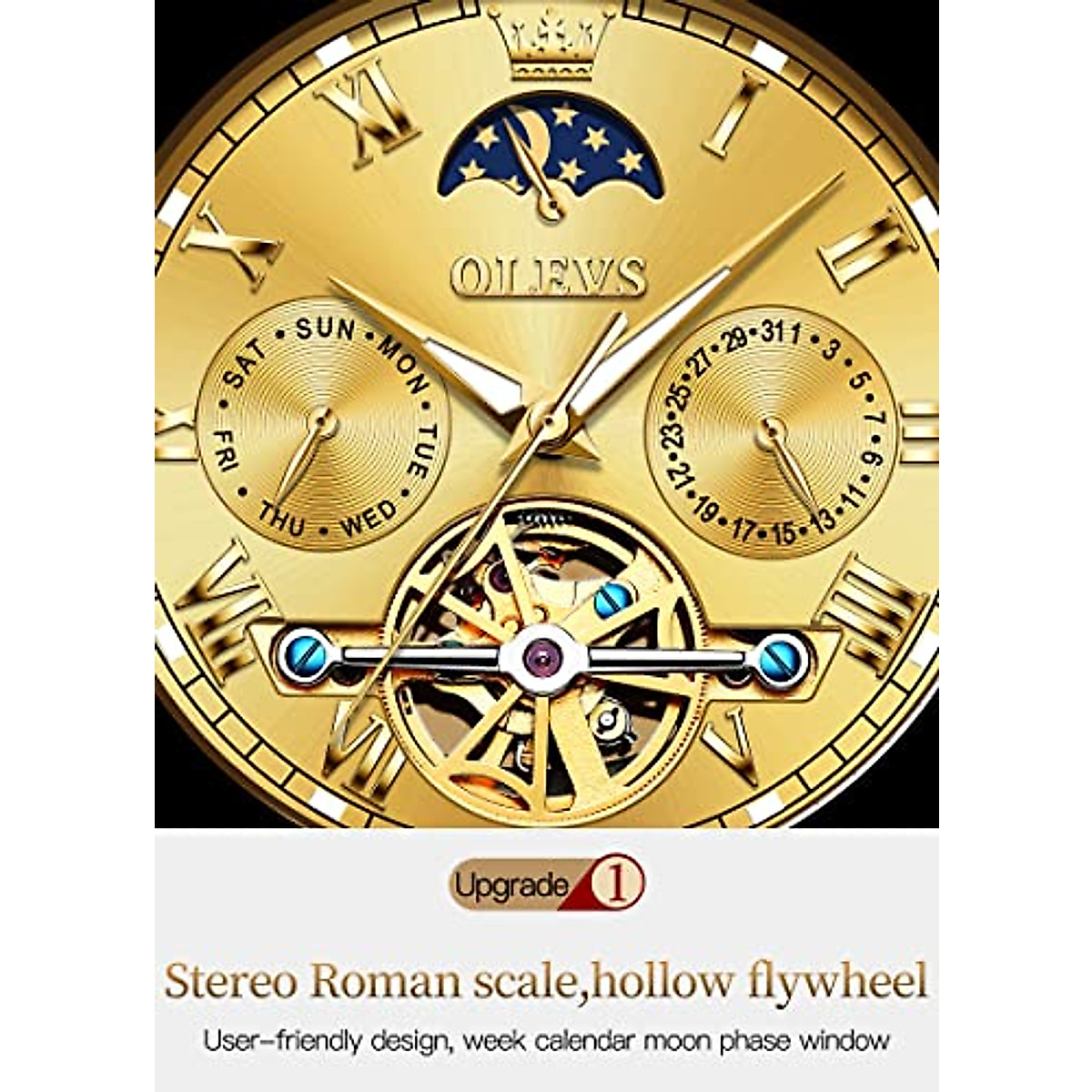 OLEVS Gold Couple Automatic Watches for Men and Women His and Hers Watch Set Gifts Mechanical Self-Winding Tourbillon Big Face Dress Wrist Watch with Day Date Calendar Golden