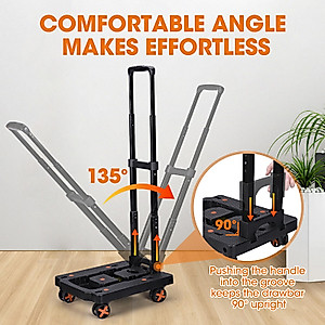 Folding Hand Truck, 100LBS Foldable Hand Truck Dolly, Adjustable Portable Luggage Cart with 4 Wheels, Utility Cart Collapsible Hand Truck & 2 Elastic Ropes for Luggage, Travel, Moving, Shopping