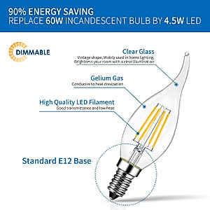 ANWIO Flame Tip LED Filament Bulb Candelabra E12 Base, Dimmable 4.5W (60W Equivalent) B11 Chandelier Candle Light Bulb, 2700K Warm White 6-Pack