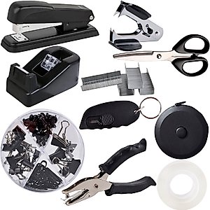 ChezMax Black Desk Accessory Kit Includes Stapler Staples Staple Remover Tape Dispenser Transparent Tape Scissors Push Pins Paper Clips Binder Clips Single Hole Punch Telescopic Knife Tape Measure