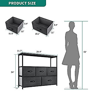 YITAHOME 5-Drawer Fabric Dresser with Shelves, Furniture Storage Tower Cabinet, Organizer for Bedroom, Living Room, Hallway, Closet, Sturdy Steel Frame, Wooden Top, Easy Pull Fabric Bins(Dark Grey)