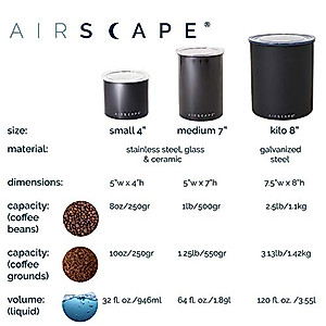 Airscape Ceramic Coffee and Food Storage Canister & Scoop Bundle - Patented Airtight Inner Lid Preserves Food Freshness - Glazed Ceramic Container with Bamboo Top (Small, Obsidian Black & Scoop)