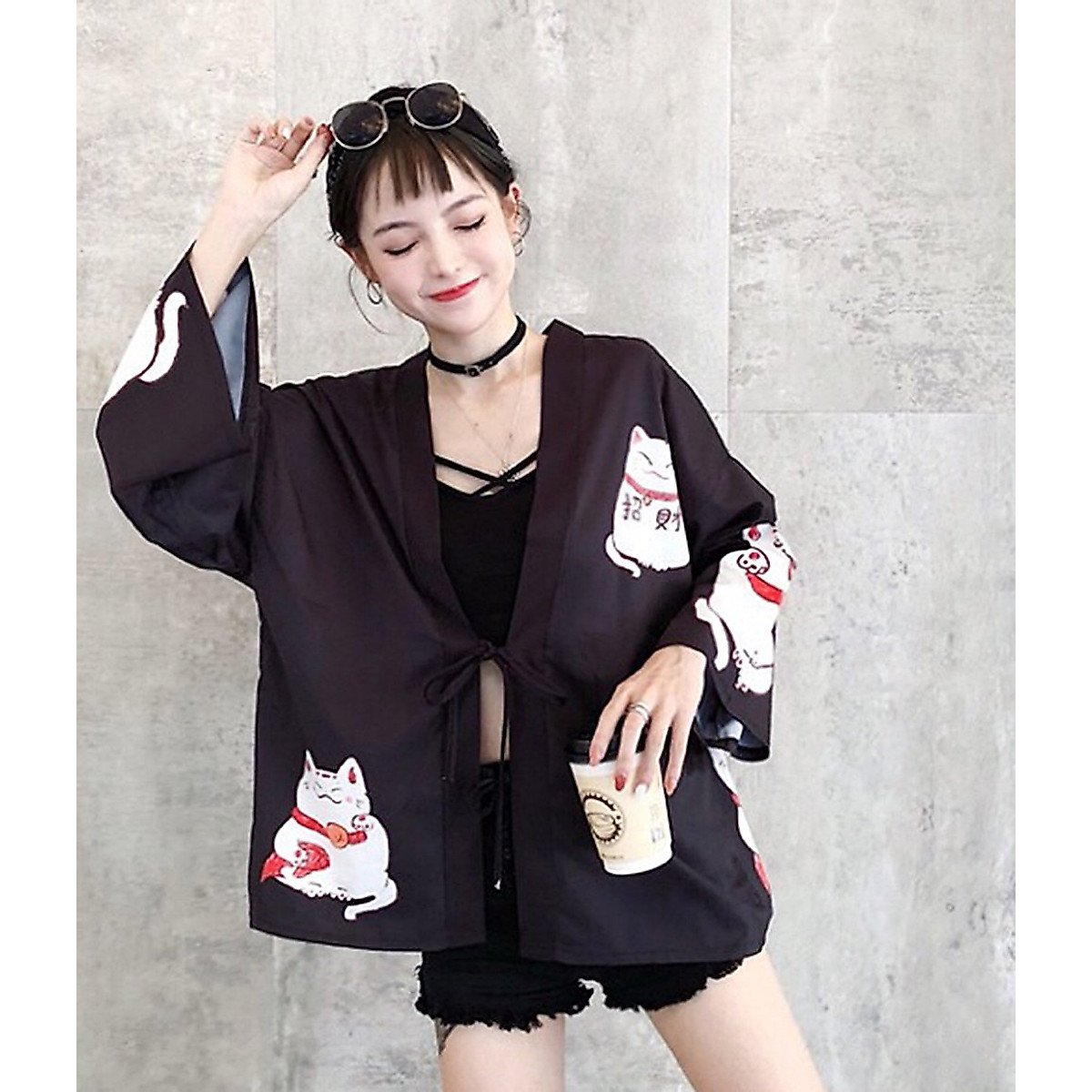 LAI MENG FIVE CATS Women's Lucky Cat Cardigan Kimono Loose Cover up Casual Blouse Cute Tops