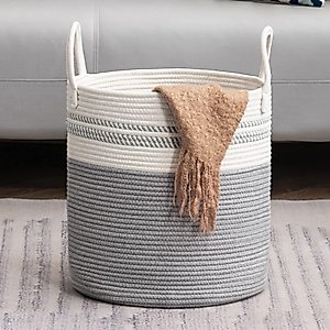 TECHMILLY Woven Rope Laundry Hamper Basket, Tall Laundry Basket Storage, Baby Nursery Hamper for Blanket, Clothes Hamper for Laundry in Bedroom and Living Room Organizing, Small, 42L, Grey