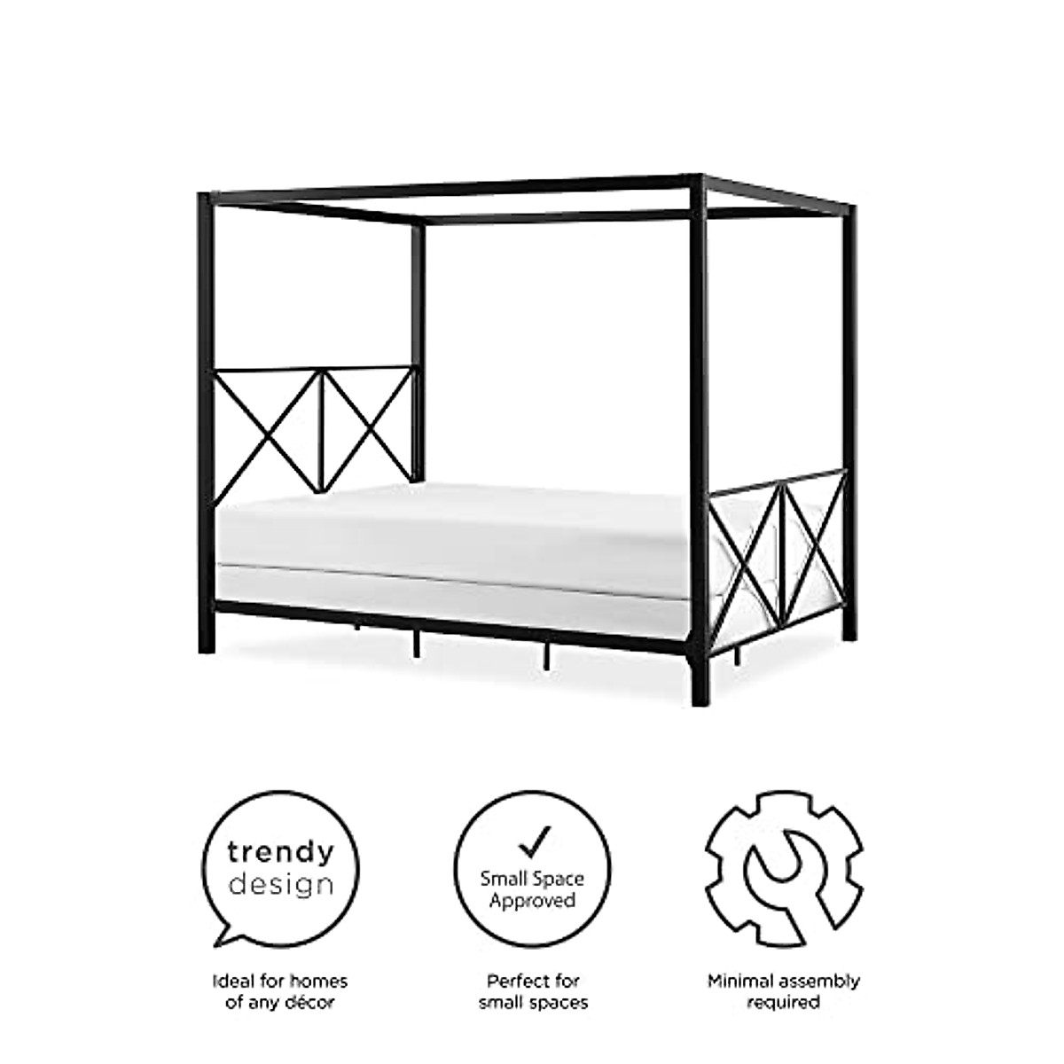 DHP Rosedale Metal Canopy Bed Frame with Four Poster Design and Geometric Accented Headboard and Footboard, Underbed Storage Space, Queen, Black