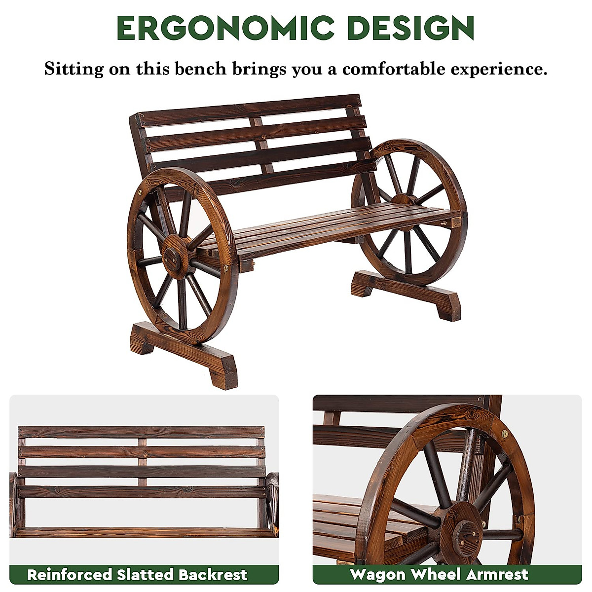 Mavalous Wagon Wheel Bench Outdoor, 2 Person Seat Rustic Wood Patio Benches with Backrest for Outdoor Brown