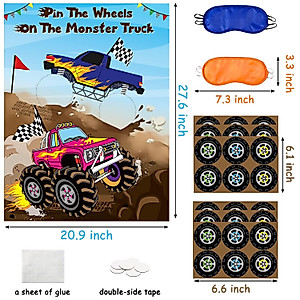 ANGOLIO Monster Truck Pin The Tail Games Party Supplies Pin The Wheels on The Monster Truck Poster Birthday Collection Favor Baby Shower Background Game Accessories for Kids (includes 2 Blindfolds)