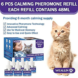 WEALLIN 6 Pack Cat Calming Diffuser Refills - Cat Pheromones Calming Diffuser Refill Relieve Anxiety & Stress 6 Month Supply, Cat Pheromone Diffuser Refills (Fits All Common Diffuser Heads)