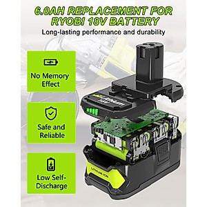 2Pack 6.0Ah Replacement for Ryobi 18V Battery and Charger Combo Replacement for Ryobi 18V Lithium P102 P103 P104 P105 P107 P109 P108 P190 P122 Cordless Tools Battery and P117 Charger