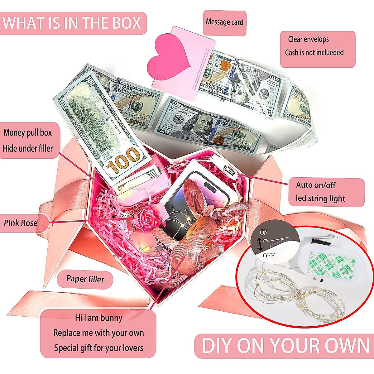 Money Box for Cash Gift Pull Pink - Money Gift Box for Cash Gift Ideas-Love Box with Money Pull Out KIT & Automatic ON/Off String Light - Birthday Money Pull Box Surprise Money Box.