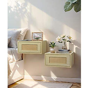 SUMGAR Floating Nightstand Set of 2 Rattan Boho Bedside Table Organiser Shelf Wall Mounted Pair of Beige Storage Display Wood Small Furniture for Bedroom Home Decor