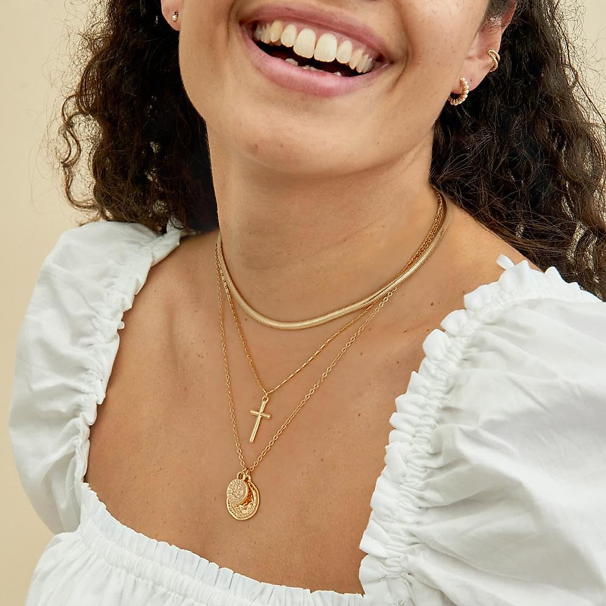 NUZON Gold Layered Necklace for Women 18K Gold Plated Chain Choker Cross Coin Pendant Necklace Simple Cute Jewelry