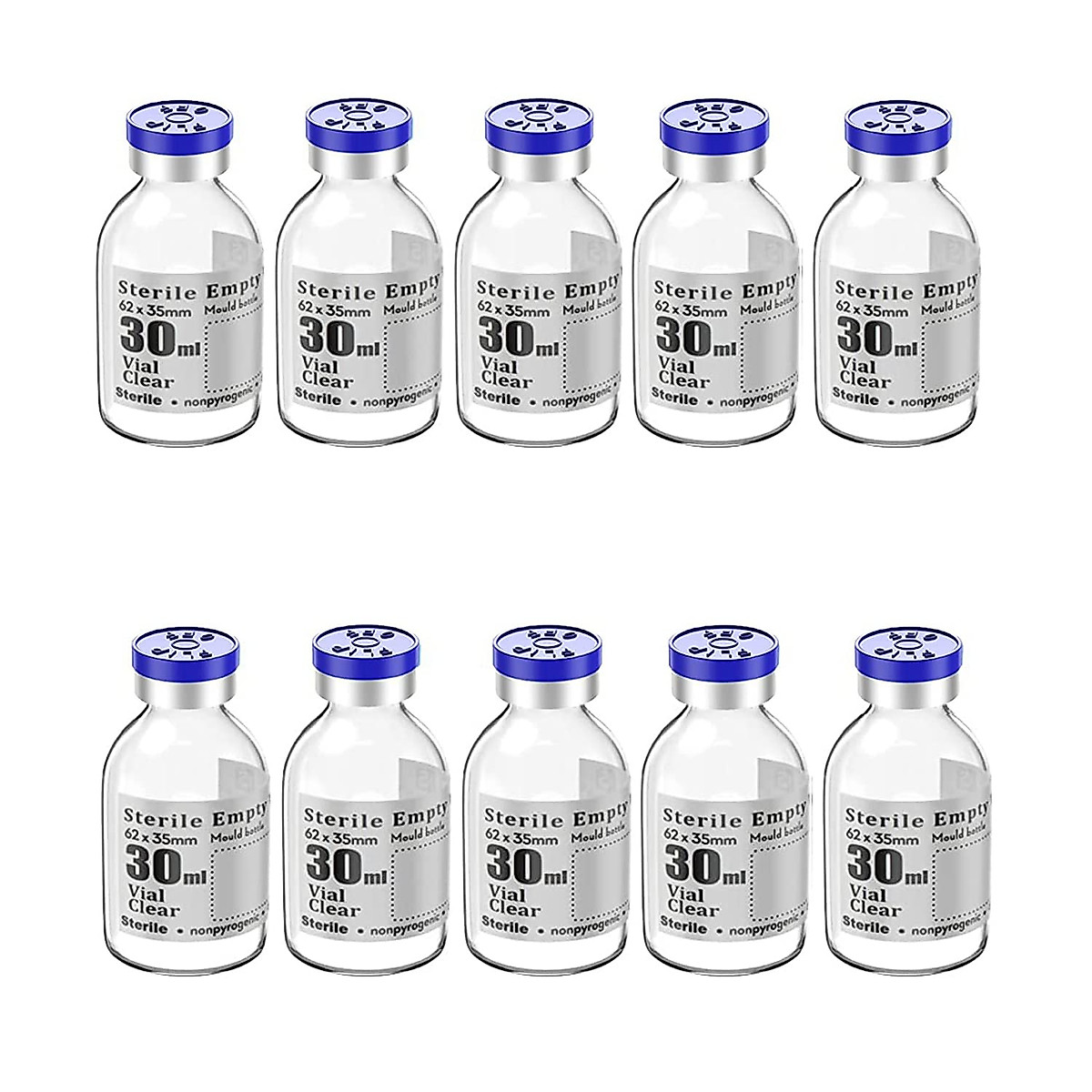 Biocomma 30ml 10pcs Sterile Empty Vial with Plastic Aluminum Flip Off Caps，Penicillin Bottle 20mm Crimp Top Sterile Transparent Borosilicate Lab Sample Vial (Transparent)