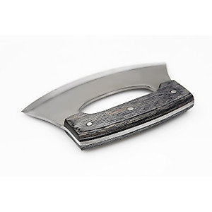 WARIVO KNIFE Handmade Ulu Knife Pizza Cutter Rocker Knife Mezzaluna Knife with sheath Rocker Boning Knife for Slicing, Chopping, Camping, Outdoor, Kitchen (Wooden Handle)