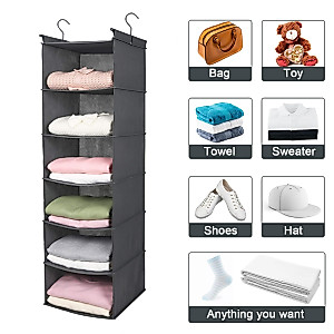 MAX Houser 6 Tier Shelf Hanging Closet Organizer, Closet Hanging Shelf with 2 Sturdy Hooks for Storage, Foldable (Grey)