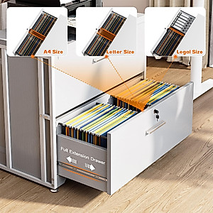 AODK File Cabinet with Charging Station Filing Cabinet for Home Office, Large File Cabinets with Lock, Office Storage Cabinet 2 Drawer for Legal/Letter/A4 File, White