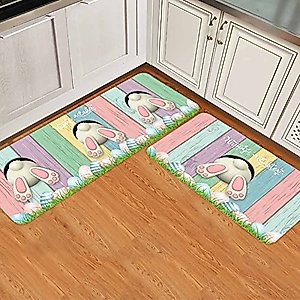 KITHOME Easter Rabbit Tail Kitchen Mats Sets 2 Piece, Happy Easter Rabbit Eggs Colorful Wood Plank Kitchen Rug Non-Slip Washable Runner Carpets for Easter Decorations, 15.7" x 23.6" + 15.7" x 47.2"