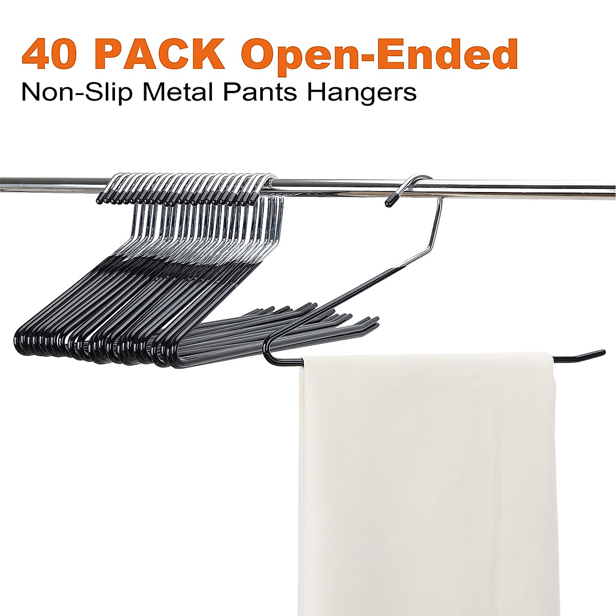 Fixwal Pants Hangers, 40 Pack, Black, 14 x 6.7 Inches, Anti-Rust Chrome Metal Pant Hangers, Non Slip Rubber Coating, Open Ended Design, Closet Storage Organizer