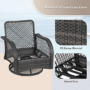 Athena Collection Swivel Patio Furniture Set, Outdoor Table and Chairs Set 3 Piece All Weather PE Rattan Conversation Set with Upholstered Seat and Backrest for Bistro, Garden, Backyard, Gray