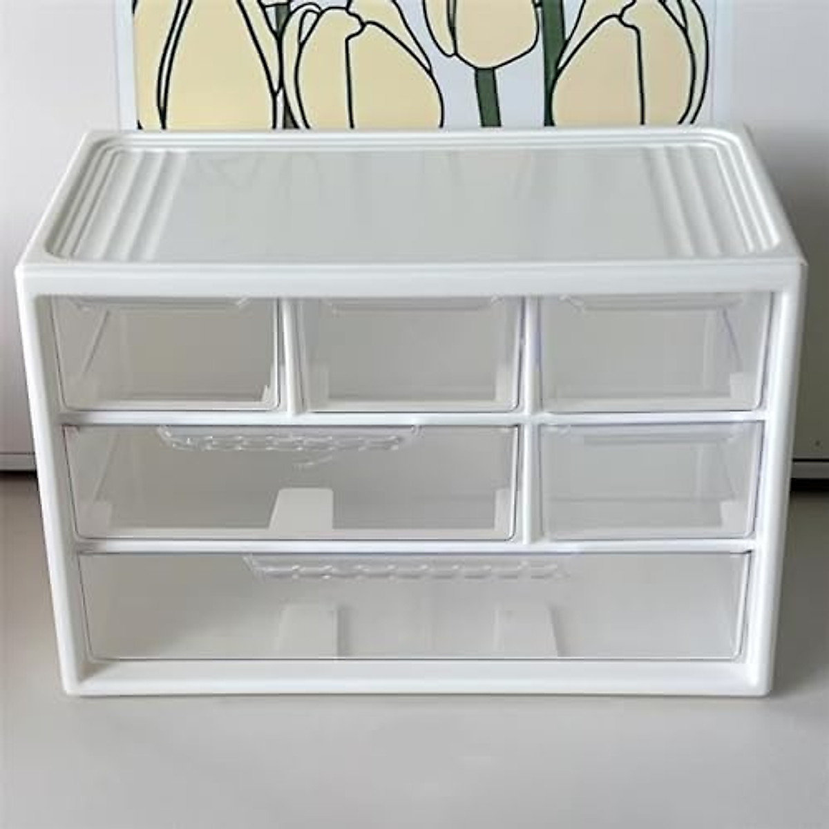 Clear Desktop Organizer Drawer Storage Box Visible with 6 Compartments for Cosmetics Stationary Hair Accessories Jewelry Heavy White A