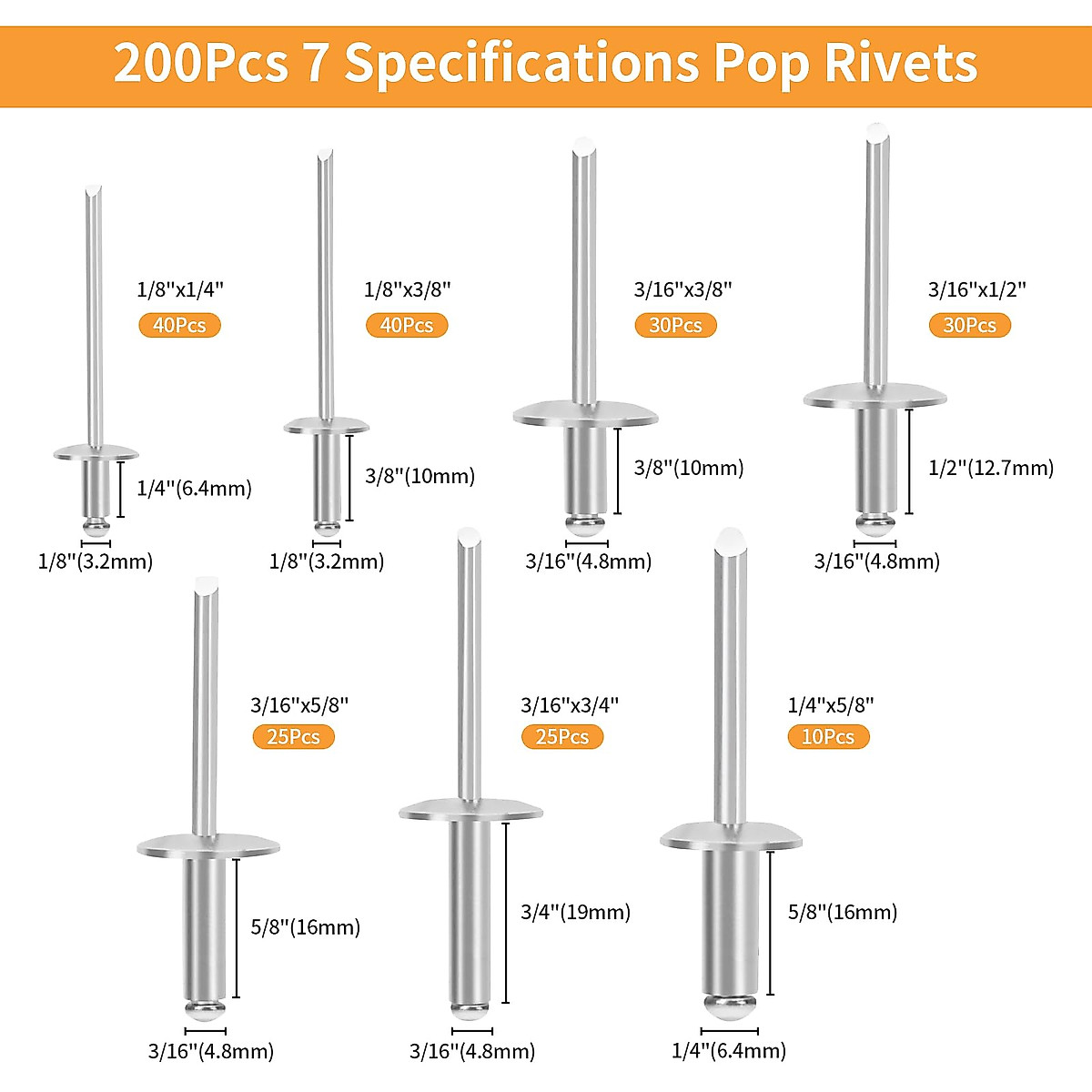 200PCS Pop Rivets Assortment Kit, Kaibced Large Flange Aluminum Rivets(1/8" 3/16" 1/4") Assorted Blind Rivets with Case (Silver)