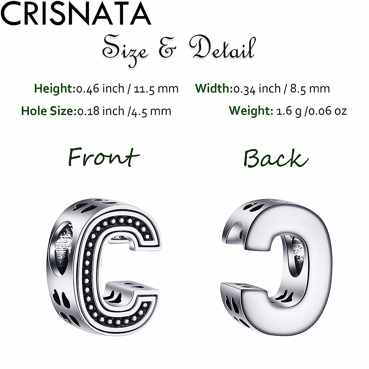 Letter C Charms, Initial C Alphabet Beads in Vintage 925 Sterling Silver, fits Pandora Women Charm Bracelet, Gift for Christmas/Cousin/Couple