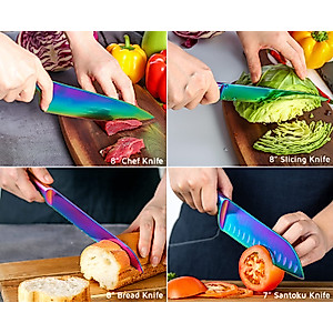 WELLSTAR Rainbow Knife Set 16 Pieces with 8 Knives and 8 Blade Guards, Iridescent German Stainless Steel Kitchen Knives with Durable Sheath Cover, Colorful Titanium Coated Chef’s Cooking Knife Set