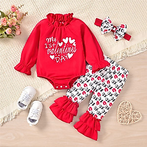 Newborn Baby Girl My First Valentines Day Outfits My 1st Valentines Day Romper+Pants+Headband Clothes Set (Red, 0-3 Months)
