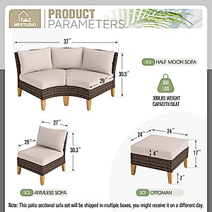 MFSTUDIO 7 Pieces Wicker Patio Furniture Set, All-Weather Rattan Outdoor Half-Moon Curved Sectional Sofa Set for Garden, Backyard, 4 x Curved Sofa, 1 x armless Sofa, 2 x Ottomans