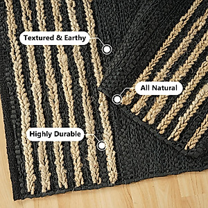 GRUHUM Jute Area Rug 4x6 ft Black Natural Leather Handmade Boho Farmhouse Rustic Vintage Eco Friendly Soft Braided Rug for Indoor Kitchen Bedroom Living Room Hallways Enterways 4'x6' ft Rectangle